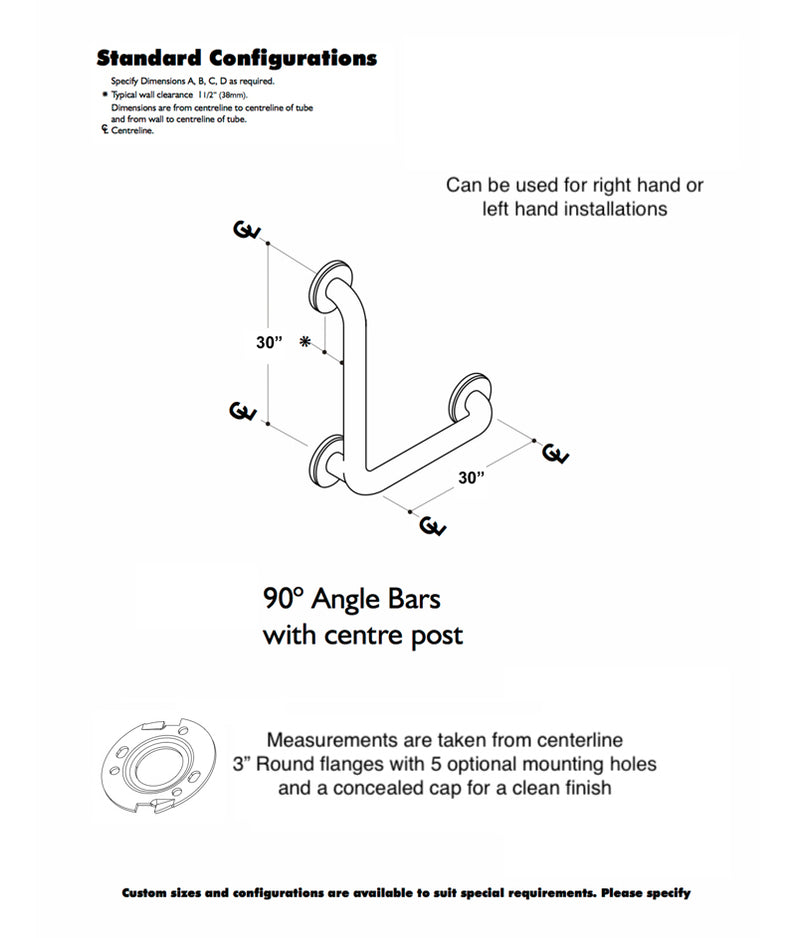 Matte Black 90 Deg L Shape 30" x 30" Angle Grab Bar